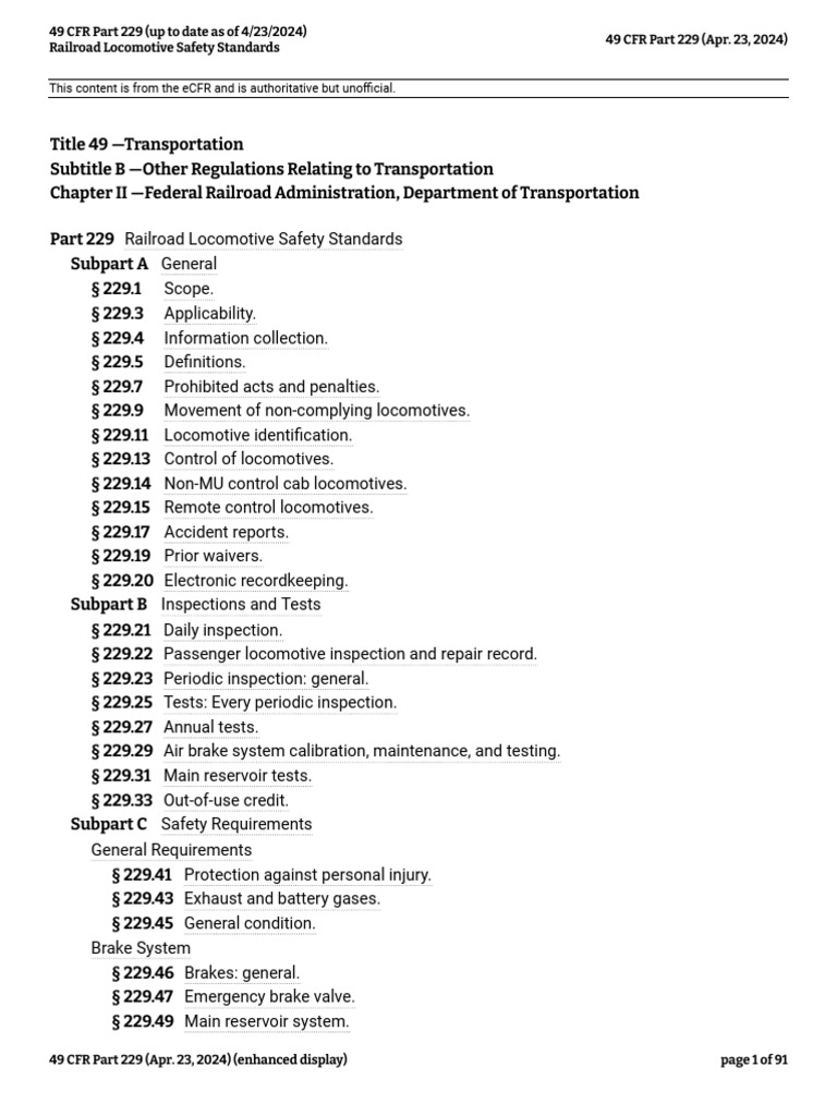 49 CFR Part 229 (Up To Date As of 4-23-2024) | PDF | Rail Transport | Train