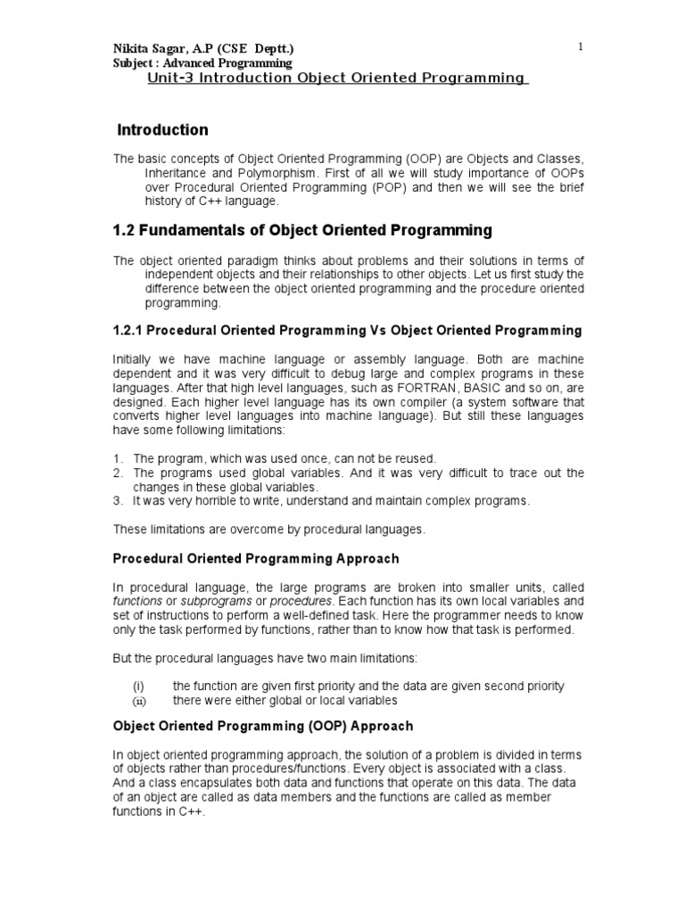 Nikita Sagar, A.P (CSE Deptt.) Unit-3 Introduction Object Oriented Programming | PDF | Object ...
