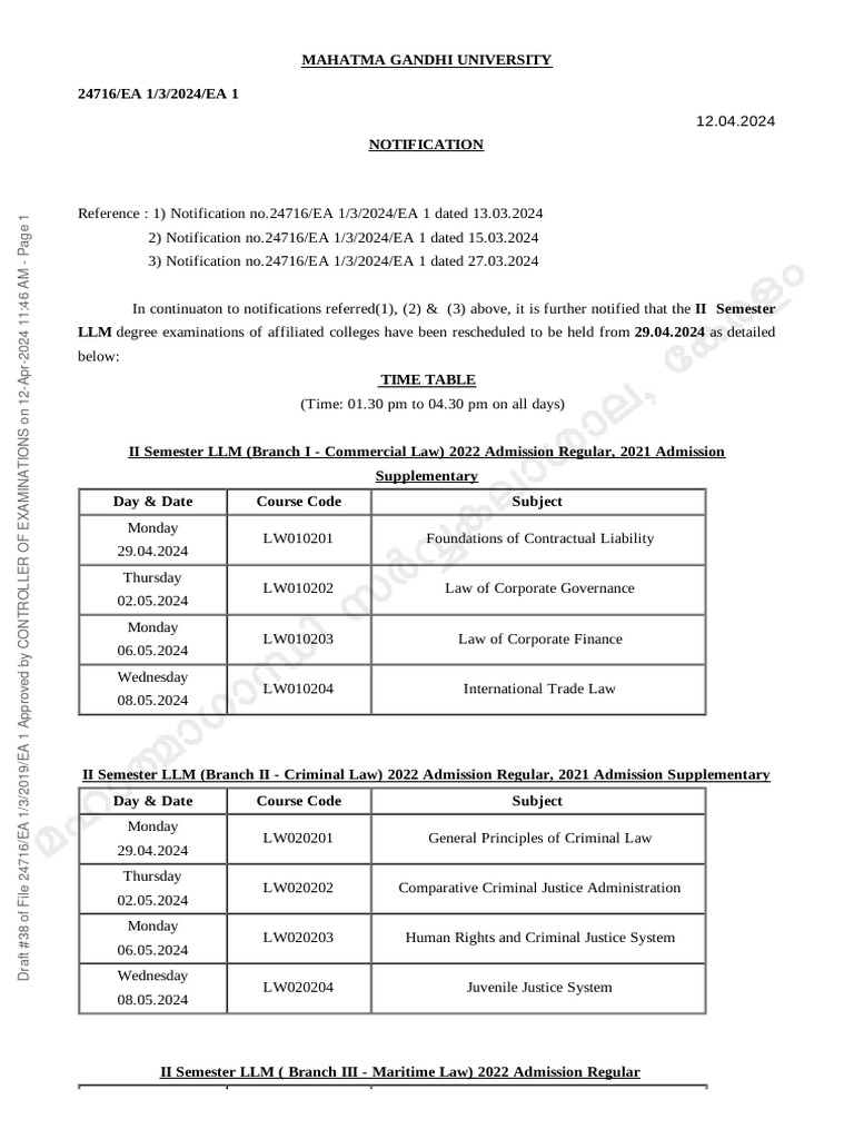 II Semester LLM 2024 - Rescheduled | PDF | Admiralty Law | Government