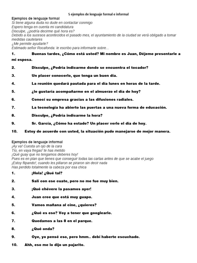 5 Ejemplos de Lenguaje Formal e Informal | PDF