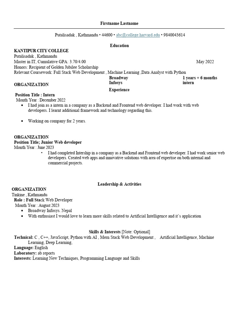 Full Stack Web Developer Resume | PDF