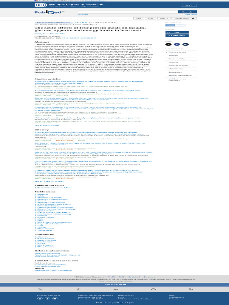 The Acute Effects of Four Protein Meals On Insulin, Glucose, Appetite and Energy Intake in Lean ...