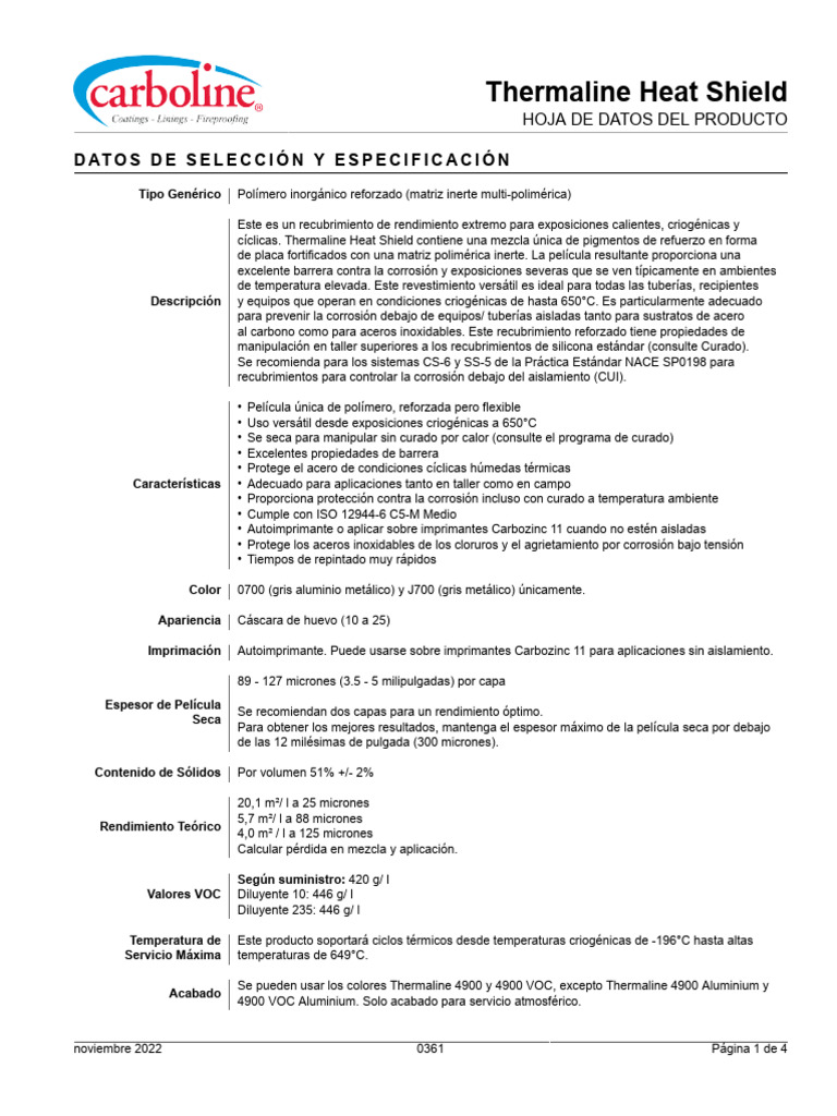 Thermaline Heat Shield PDS | PDF | Revestimiento | Corrosión