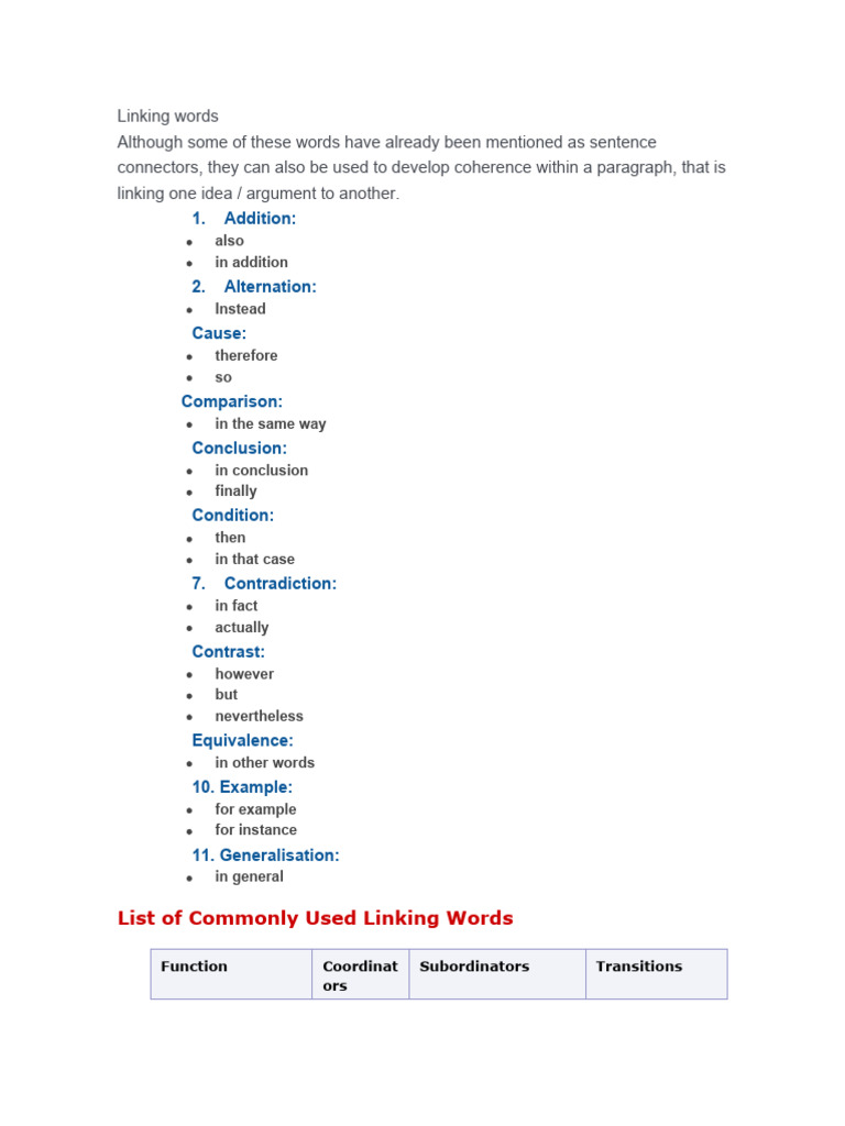 linking words | PDF | Sentence (Linguistics) | Subject (Grammar)
