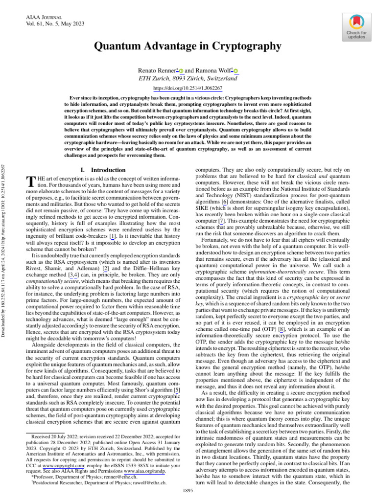 renner-wolf-2023-quantum-advantage-in-cryptography | PDF | Cryptography | Key (Cryptography)