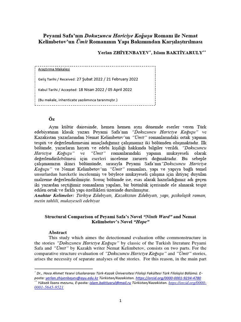 Peyami Safa N N Dokuzuncu Hariciye Ko U U Roman Ile Nemat Kelimbetov Un Mit Roman N N Yap Bak M ...