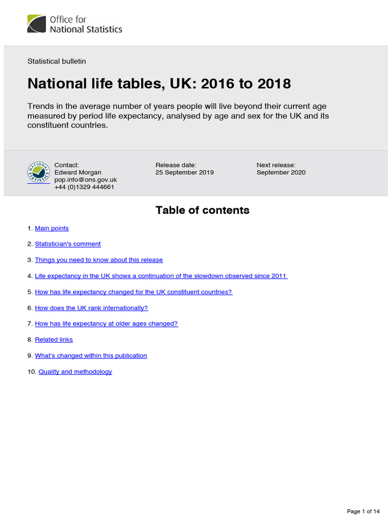 National Life Tables, UK 2016 To 2018 | PDF | Life Expectancy | Actuarial Science