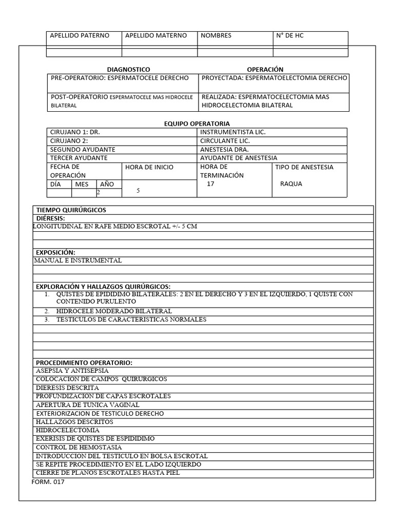 Espermatocelectomía y hidrocelectomía bilateral | PDF