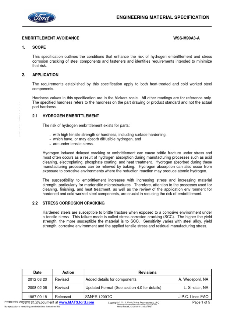 Embrittlement Avoidance WSS-M99A3-A 1. Scope: Engineering Material Specification | PDF | Heat ...