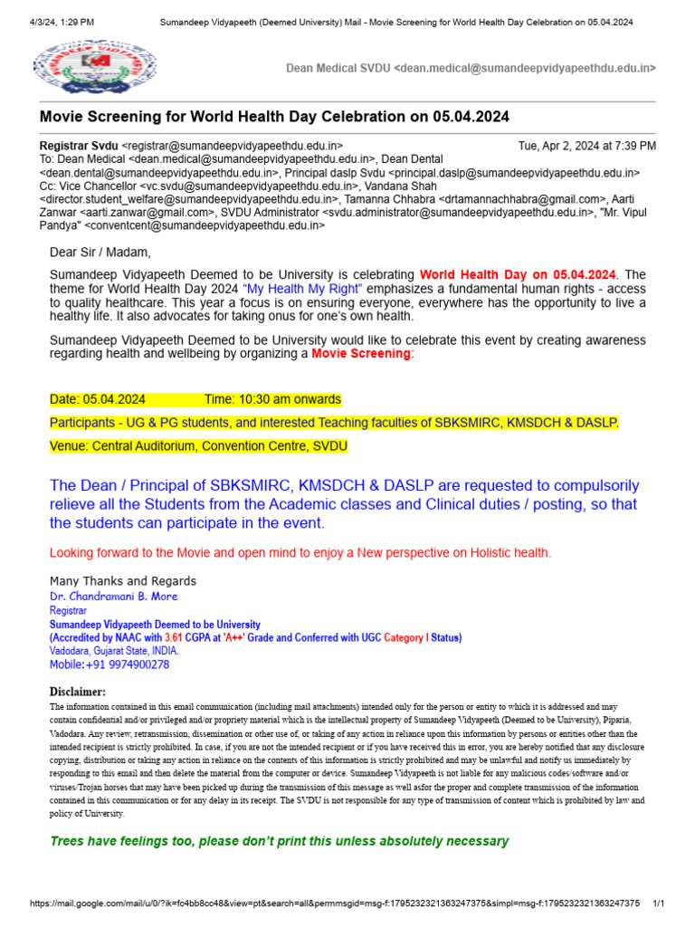 Movie Screening For World Health Day Celebration On 05.04.2024 | PDF | Malware