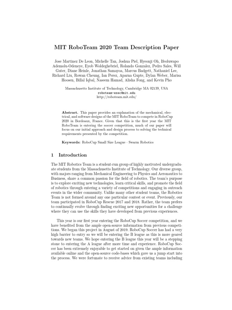 Mit Roboteam 2020 Team Description Paper | Download Free PDF | Robot ...