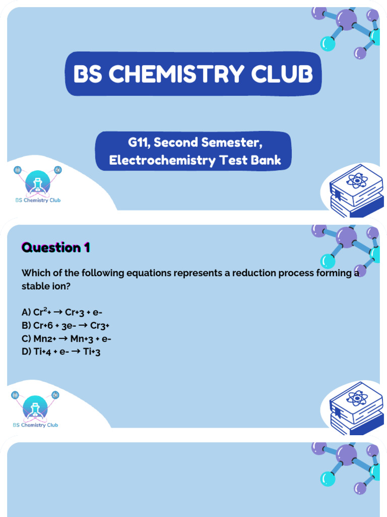 G11 Electro Test Bank | PDF | Anode | Redox
