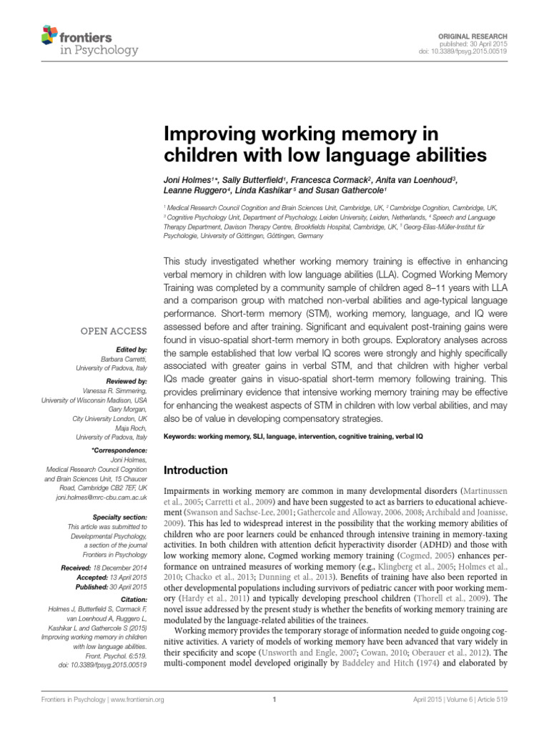 5 - 2015 Terapia WM Language Impairment | PDF | Working Memory | Memory