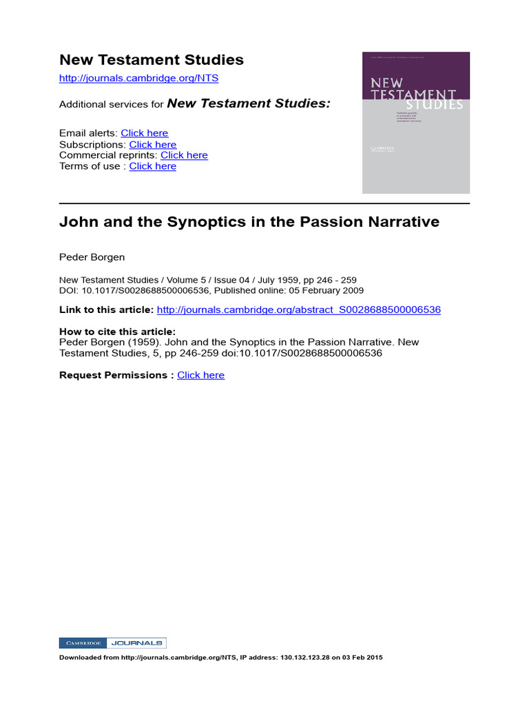 Borgen1959-John and The Synoptics in The Passion Narrative | PDF | Gospel Of John | Gospel Of Mark