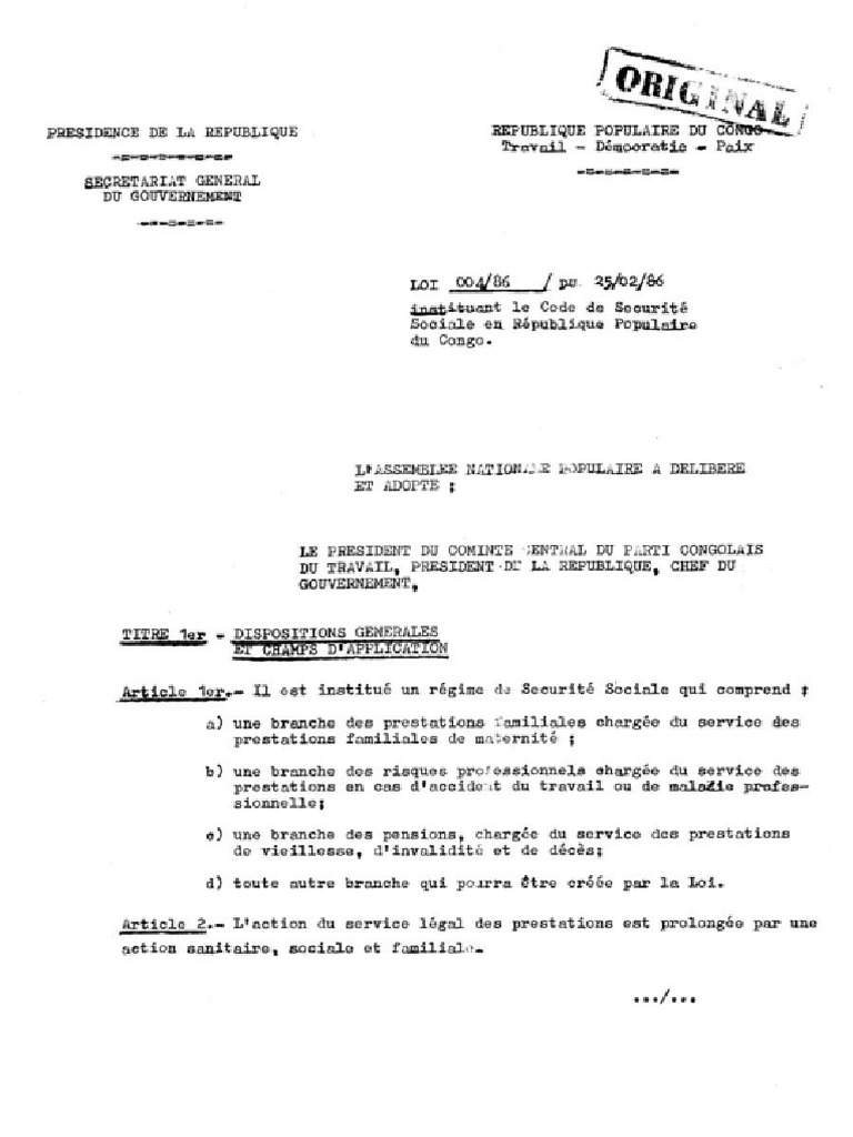 Congo Code 1986 Securite Sociale | PDF