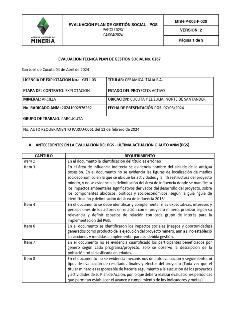 Concepto Parcu-0267 Exp Gell-03 Eval PGS | PDF | Presupuesto | Minería