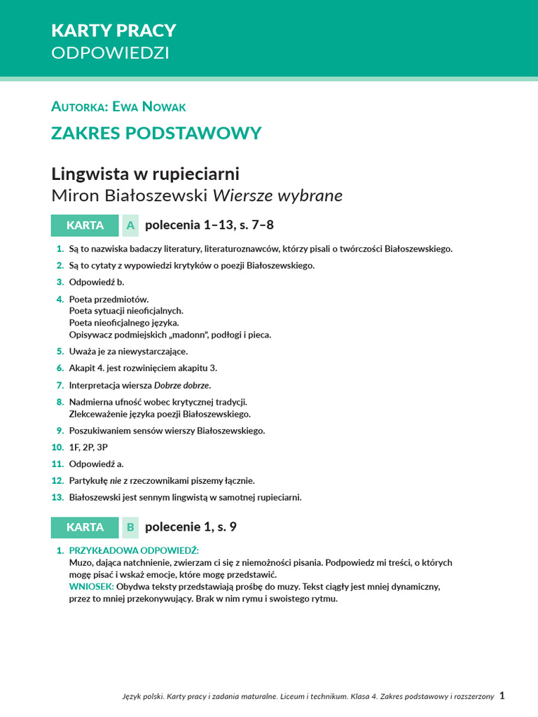 Jpol LO KL 4 Odpowiedzi Do Kart Pracy Zakr Podst Rozsz Wyd.1 | PDF