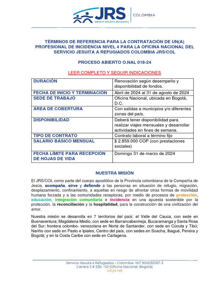 NAL 018 24 TDR Profesional 4 de Incidencia | PDF | Colombia | Bogotá
