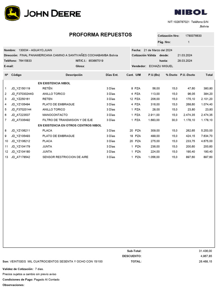 21.03.2024 76630 Cot. Repuestos JD - JUAN AGUAYO | PDF