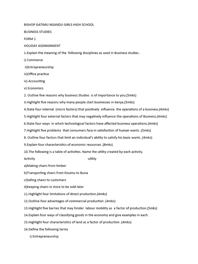 Form 1 Business Studies Assignment | PDF