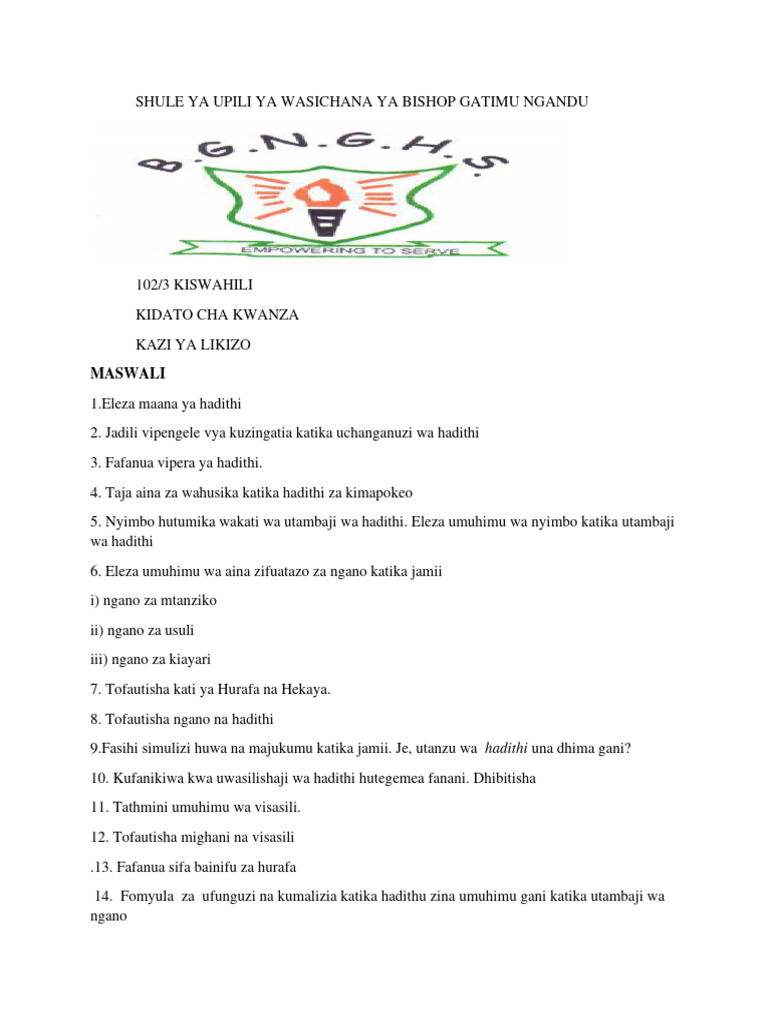 Kiswahili F1 Holiday Assignment | PDF