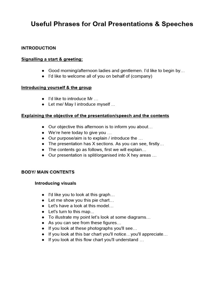 Useful Phrases For Oral Presentations Speeches | PDF