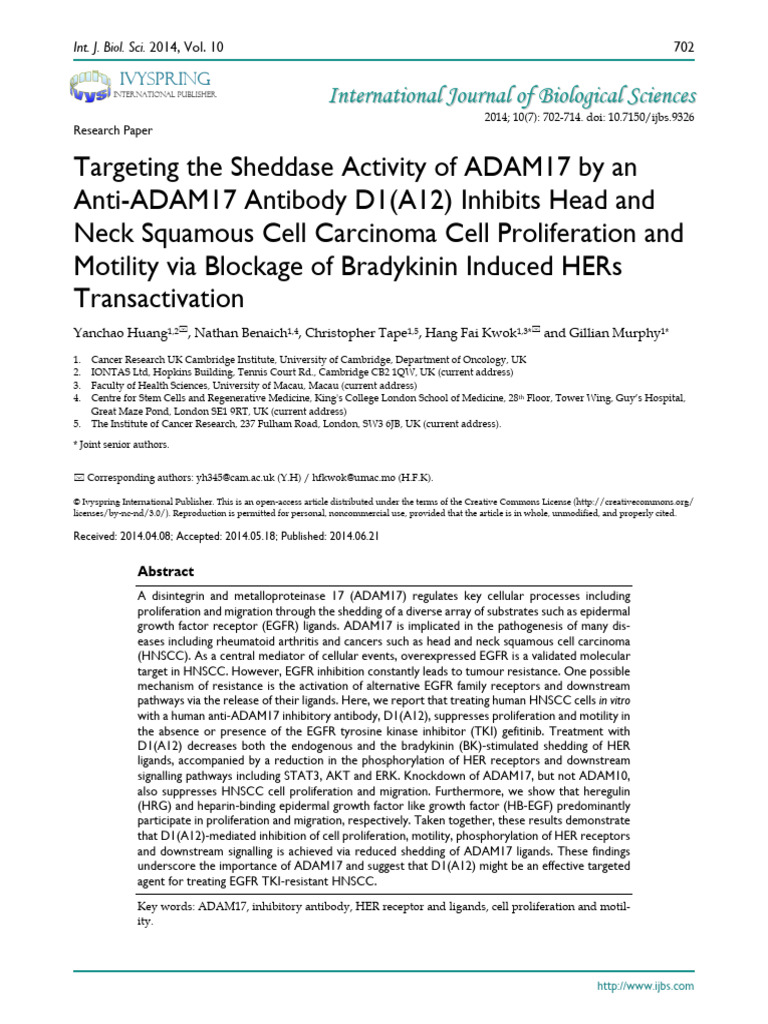 Targeting The Sheddase Activity of Adam17 | PDF | Epidermal Growth Factor Receptor | Molecular ...