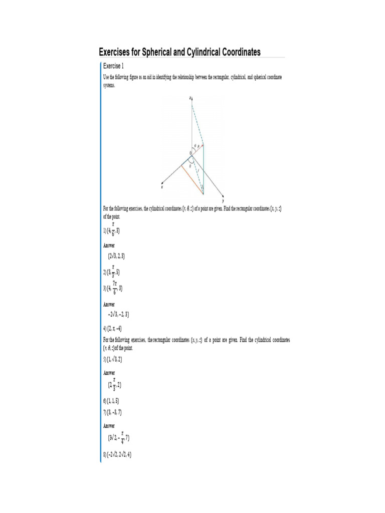 Problems for Cylindrical and Spherical Coordinates | PDF | Coordinate ...
