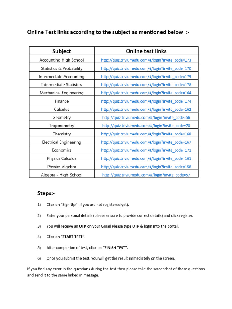Online Test Links of Tutor - Com-1 | PDF