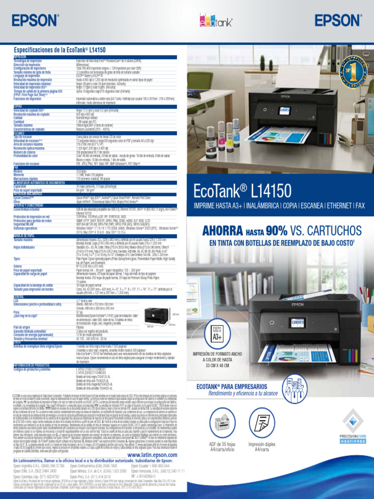 Especificaciones EcoTank L14150 v4 PDF | PDF | Impresora (Computación ...