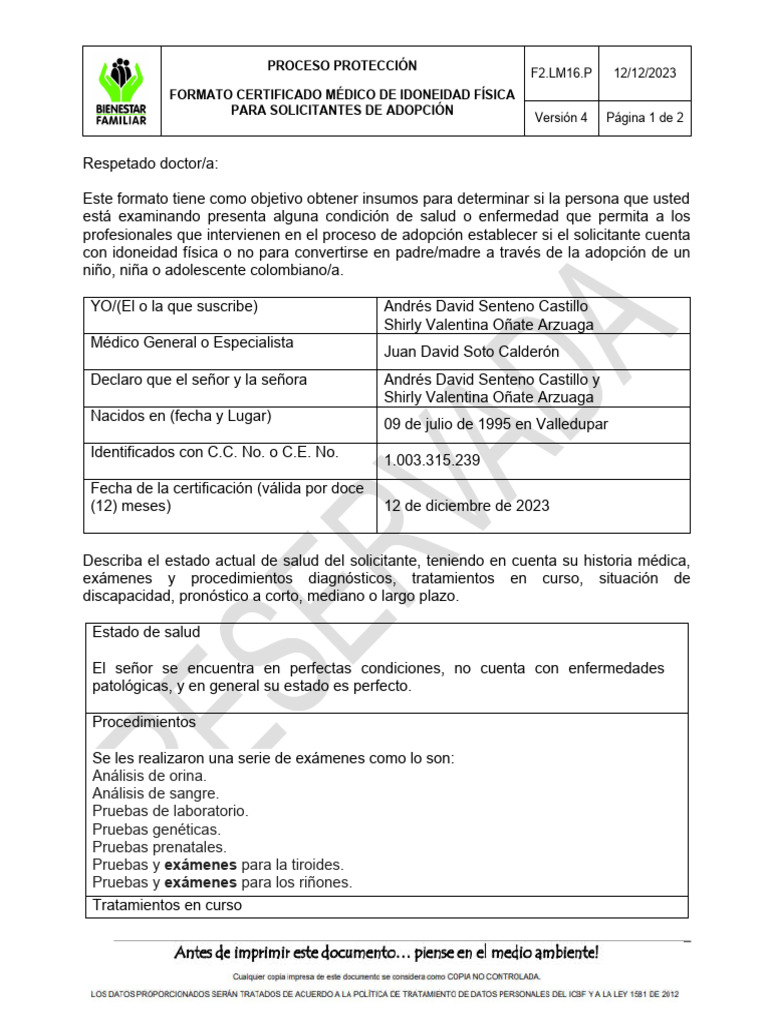 Certificado Fisico Icbf | PDF | Prueba genética | Adopción