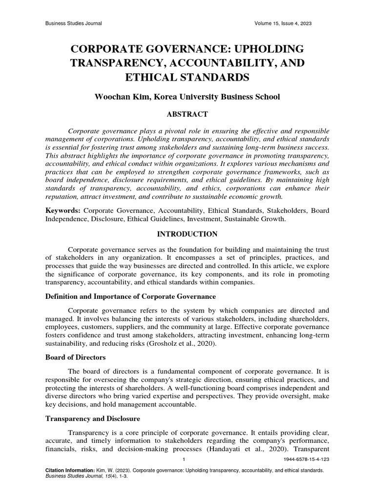 Corporate Governance Upholding Transparency Accountability and Ethical ...
