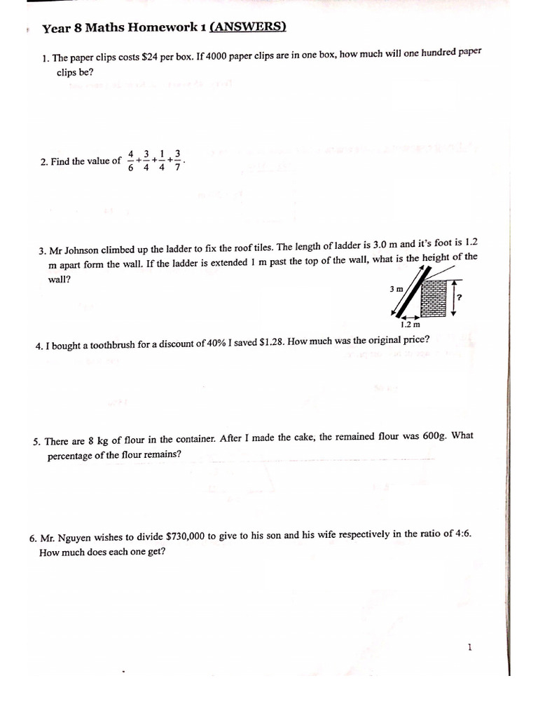 Year 8 Maths Worksheet 1 (HW) tt8 | PDF