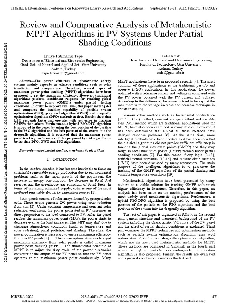 Review And Comparative Analysis Of Metaheuristic Mppt Algorithms In Pv