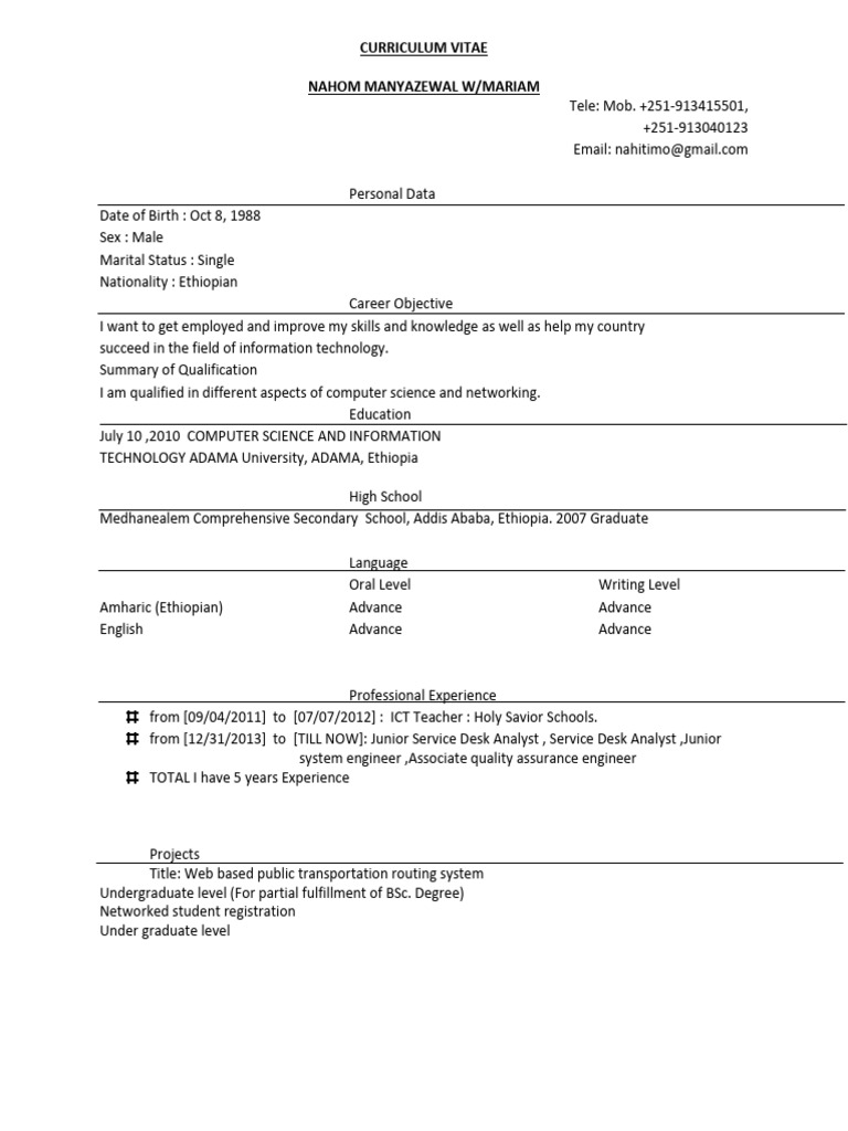 Nahome Curiculem Vita | PDF | Ethiopia | Computing