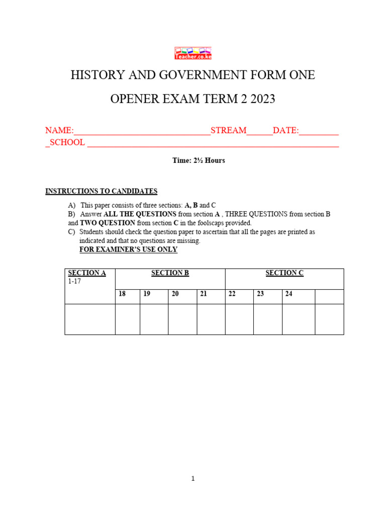 Form One History Exam Term 2 2023 | PDF | Kenya | Trade