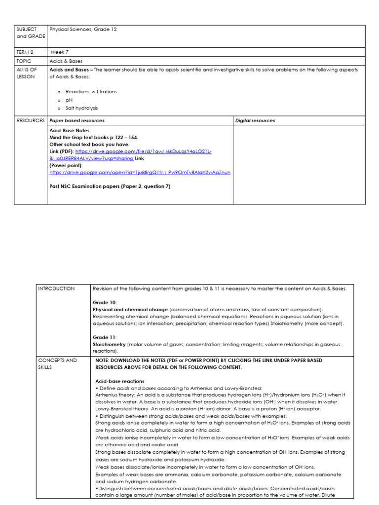 Physical Sciences Grade 12 Term 2 Week 7_2020 | PDF | Acid | Hydroxide