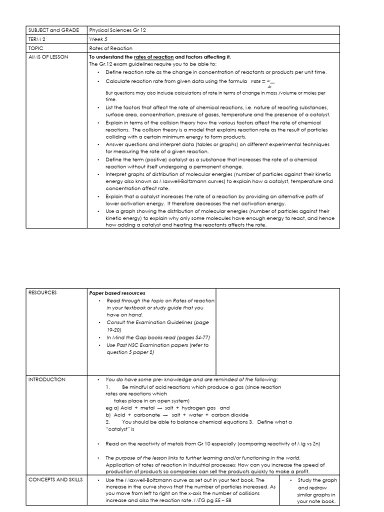 Physical Sciences Grade 12 Term 2 Week 5_2020 | PDF | Reaction Rate ...