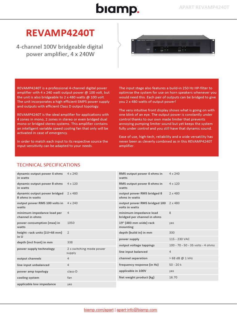 Biamp Data Sheet Revamp4240t | PDF | Power Supply | Amplifier