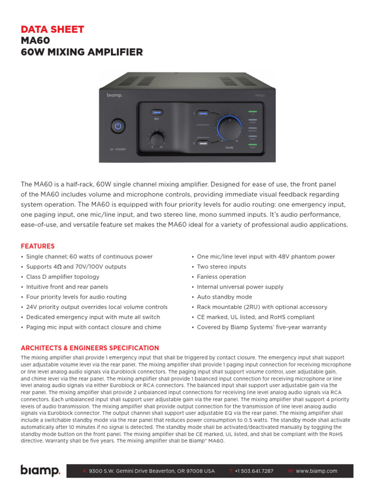 Biamp Data Sheet Ma60 Feb21 | PDF | Amplifier | Electronics