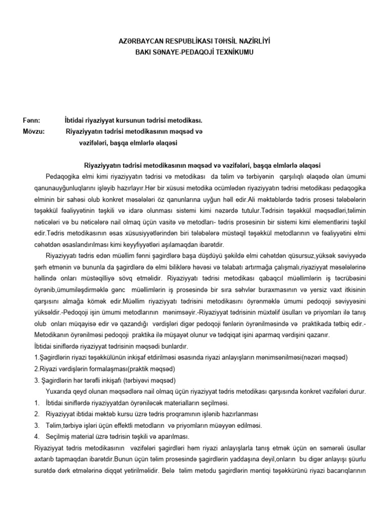 Ib Riyaz Kurs Tedrisi Metodikasi | PDF