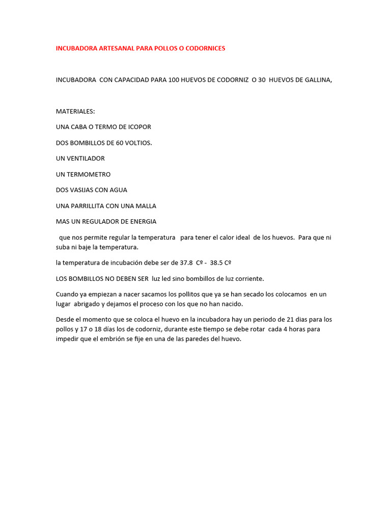 Incubadora Artesanal para Pollos | PDF