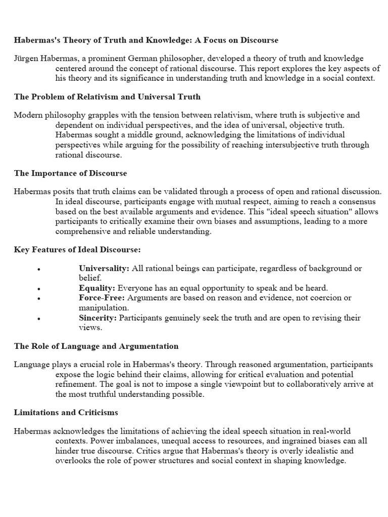 Habermas's Discourse Theory Explained | PDF | Truth | Knowledge