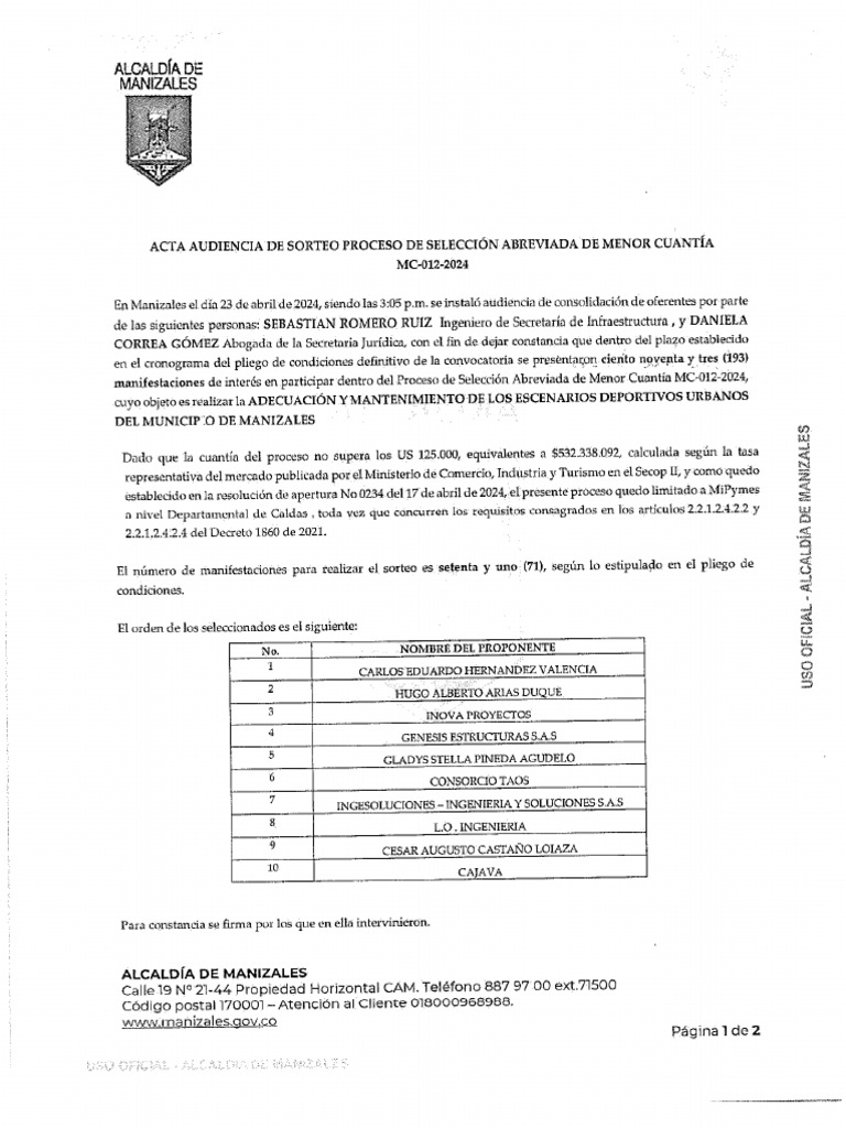 ACTA DE AUDIENCIA SORTE MC-012-2024 | PDF