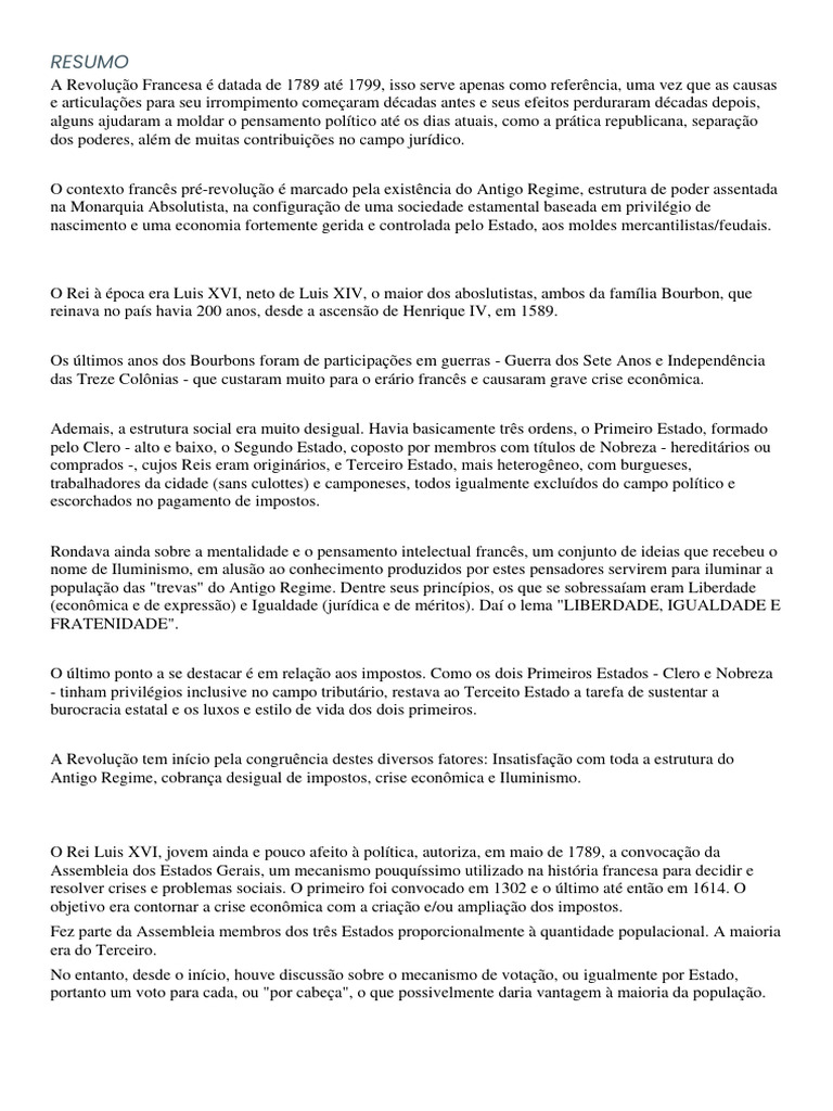 RESUMO REV FRANCESA | PDF | Revolução Francesa | Revoluções do Atlântico