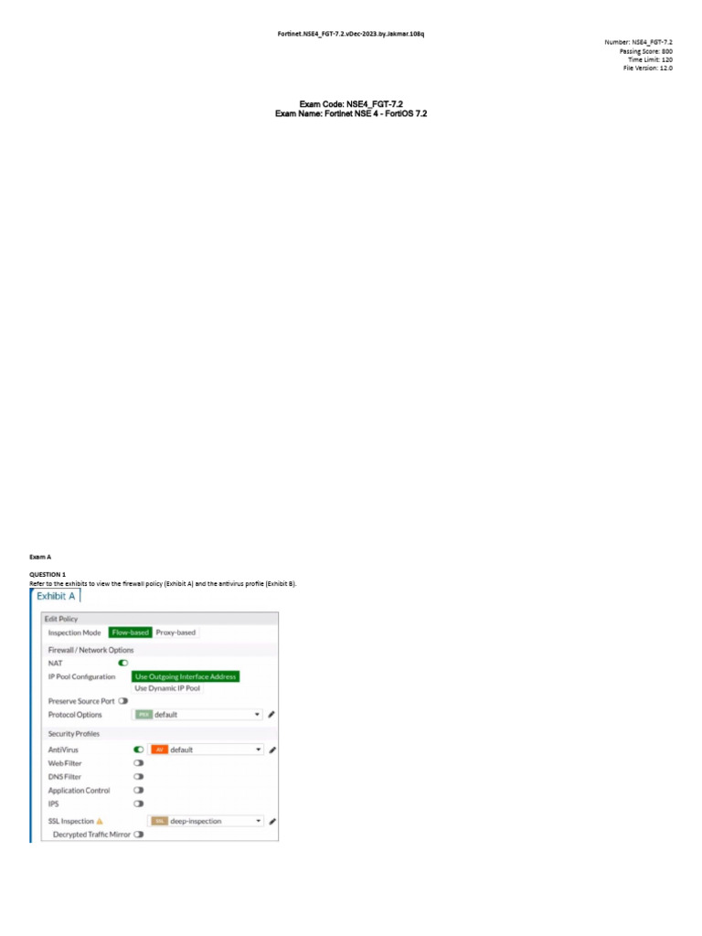 Fortinet - NSE4 FGT-7.2.vDec-2023.by .Jakmar.108q | PDF | Transport Layer Security ...