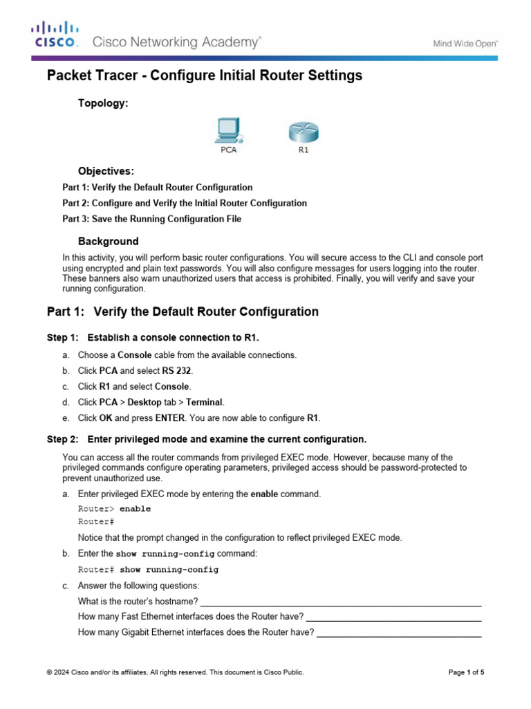 6.4.1.3 Packet Tracer - Configure Initial Router Settings | PDF | Command Line Interface ...