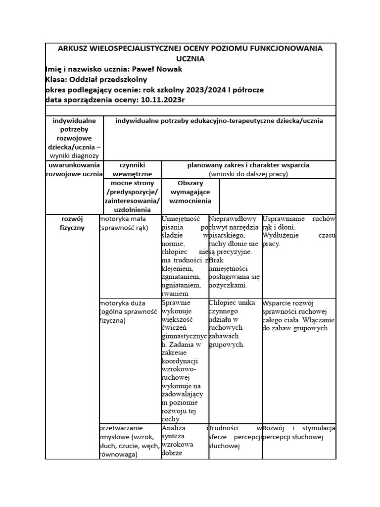 Arkusz Wielospecjalistycznej Oceny Poziomu Funkcjonowania Ucznia | PDF