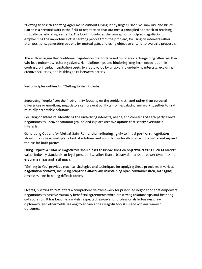 Book Summary Getting To Yes | PDF