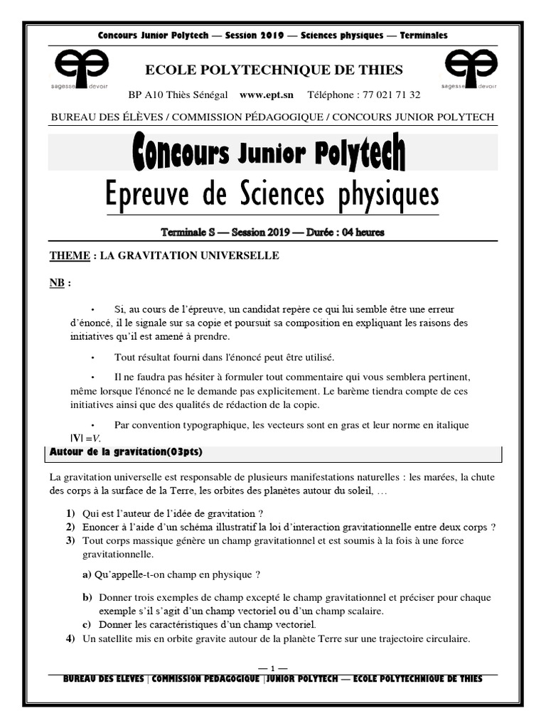 Epreuve Physique Tle JP 2019 | PDF | Lune | Gravité
